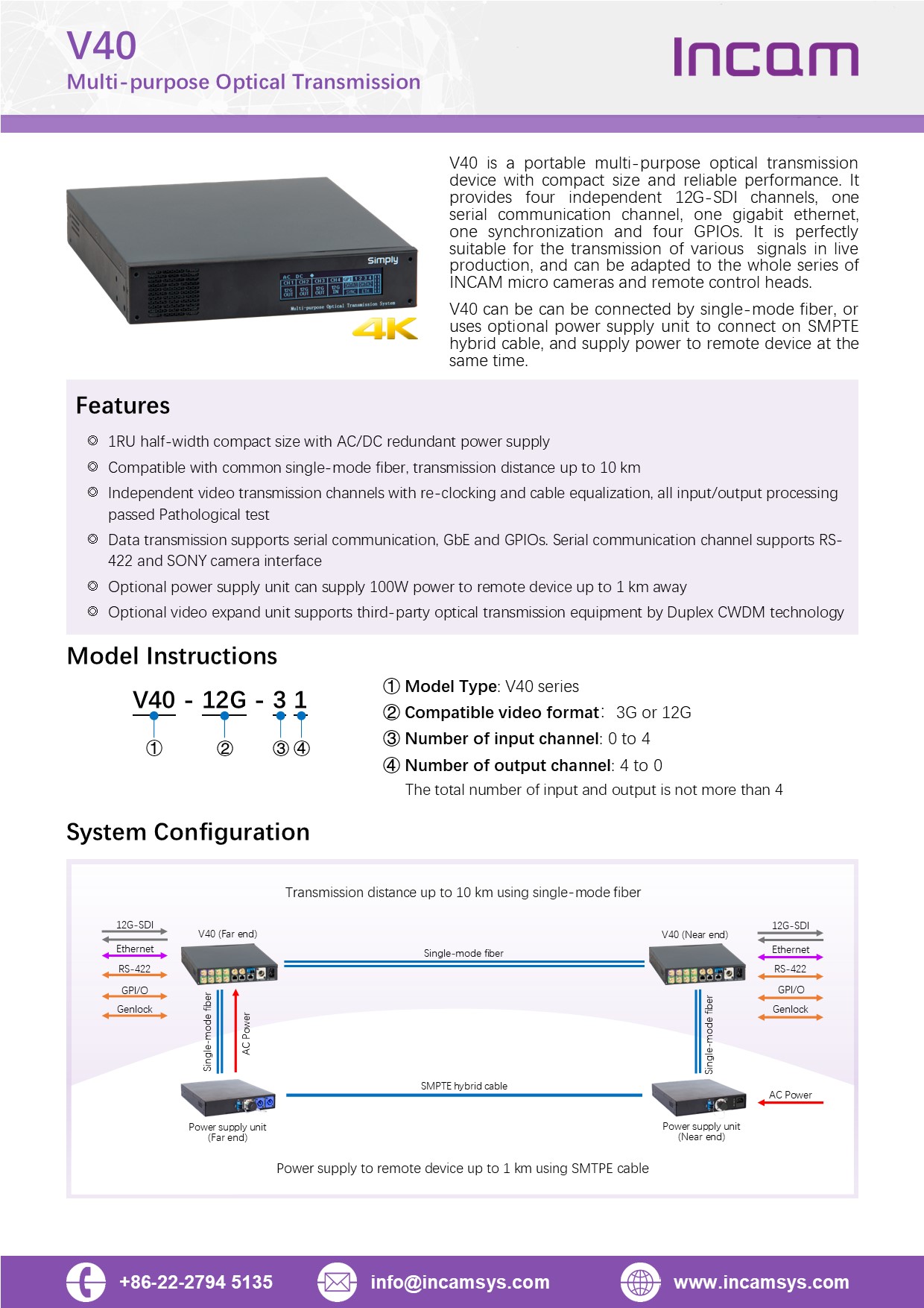 V40 Multi-purpose Optical Transmission - INCAM - Discovery New Vision