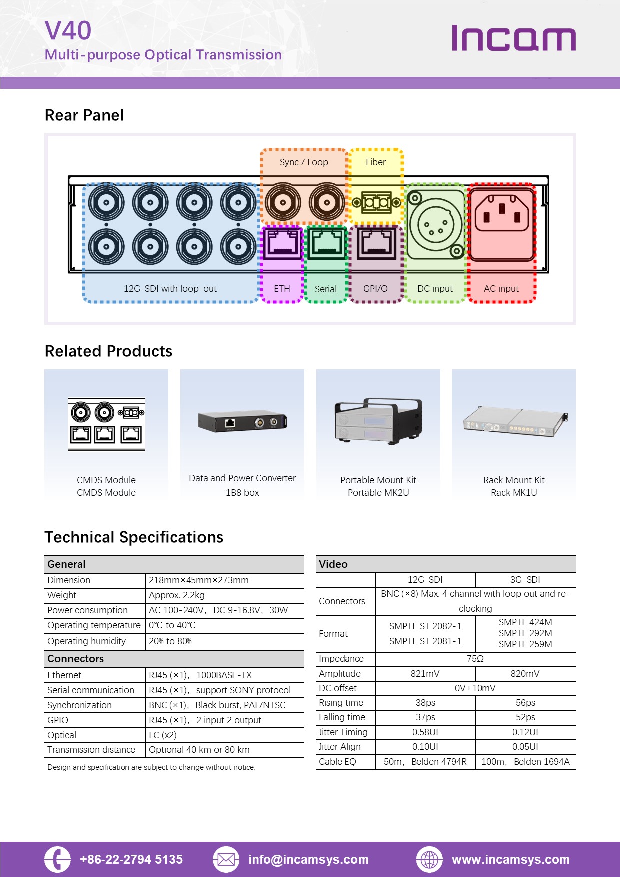 V40 Multi-purpose Optical Transmission - INCAM - Discovery New Vision